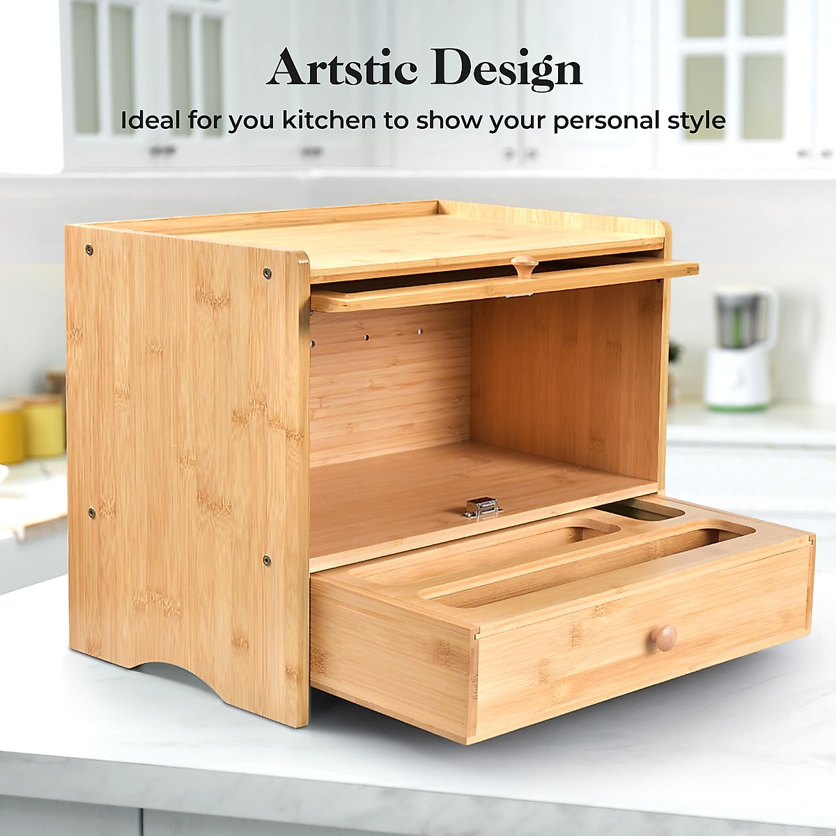 Bamboo Bread Box with Storage Bags Organizer, Corner Bread Box for Kitchen Countertop, Bread Box for Homemade Bread with Window, Bamboo Kitchen Zip Baggie Organizer for Drawer, Pantry Counter Corner