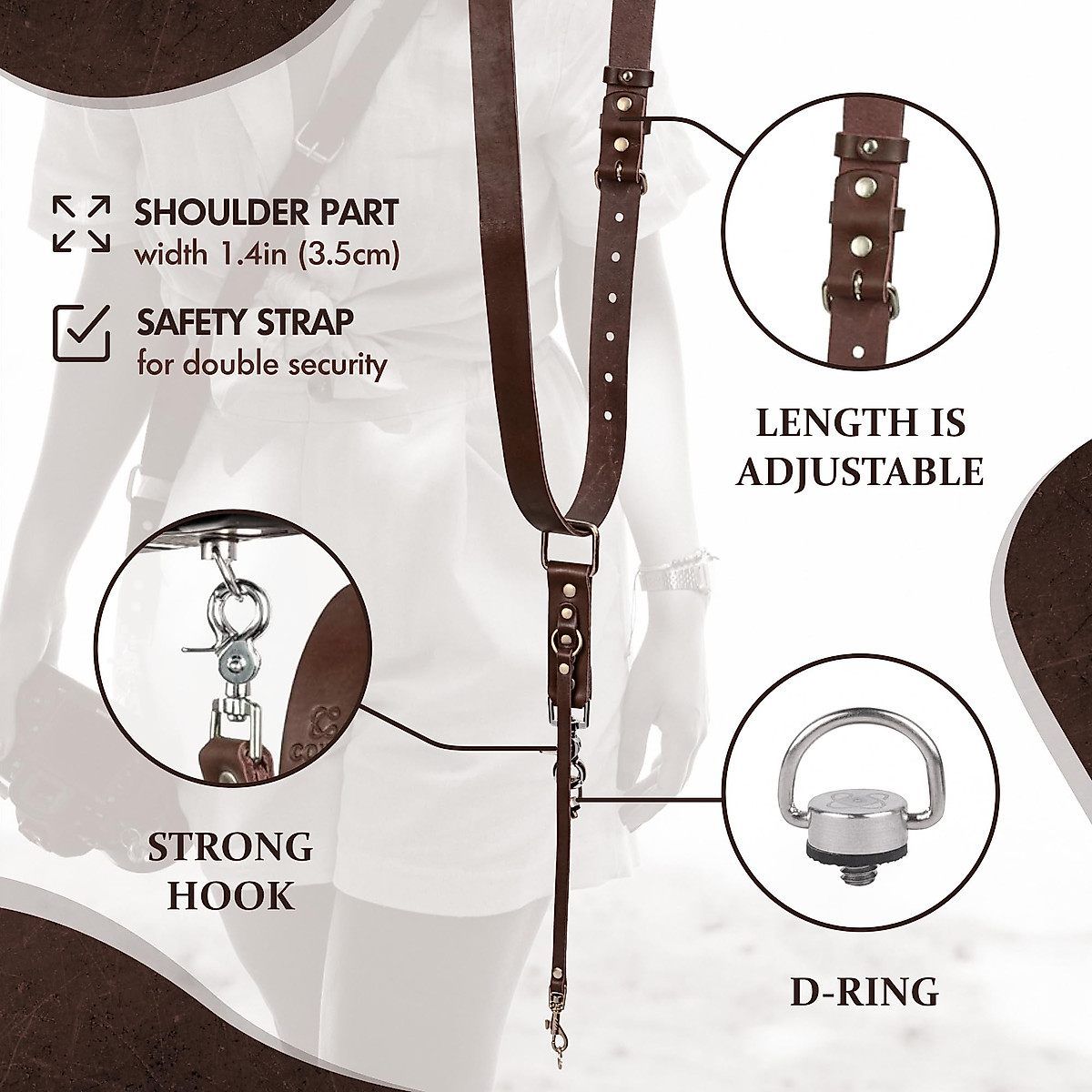 Leather Camera Strap for One Camera - Professional Single Leather Harness Shoulder Strap Quick Release Gear DSLR/SLR