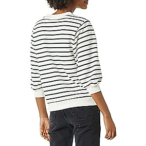 Amazon Essentials Women's French Terry Fleece Sleeve Detail Crewneck Sweatshirt, Black White Stripe, Large