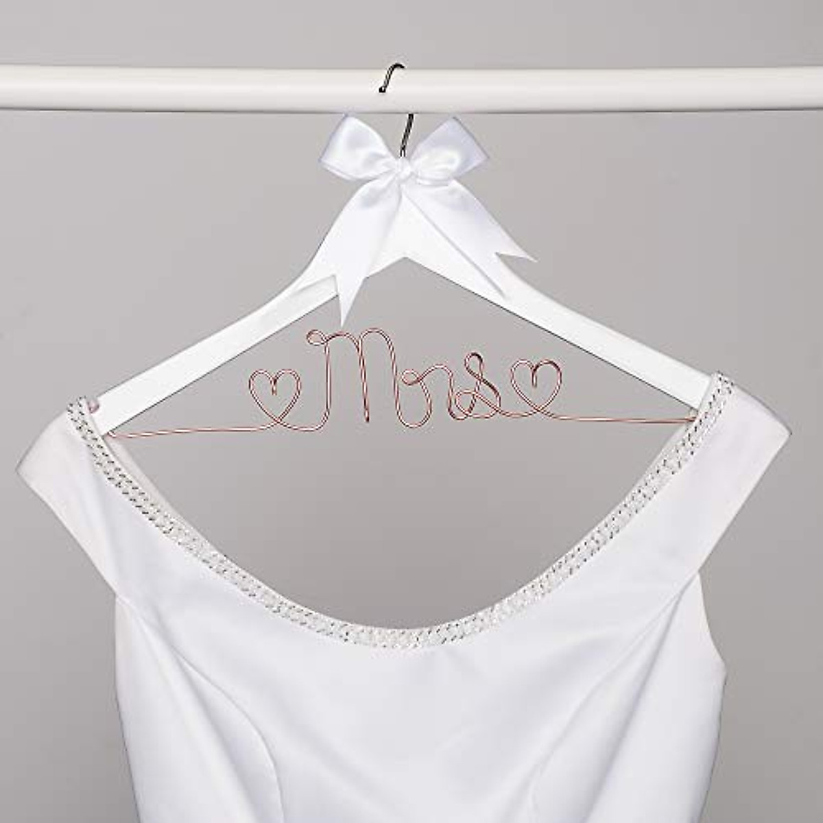 Ella Celebration Mrs Wedding Dress Hanger, Wood and Wire Hangers for Bride to be Gown (White with Rose Gold Wire)