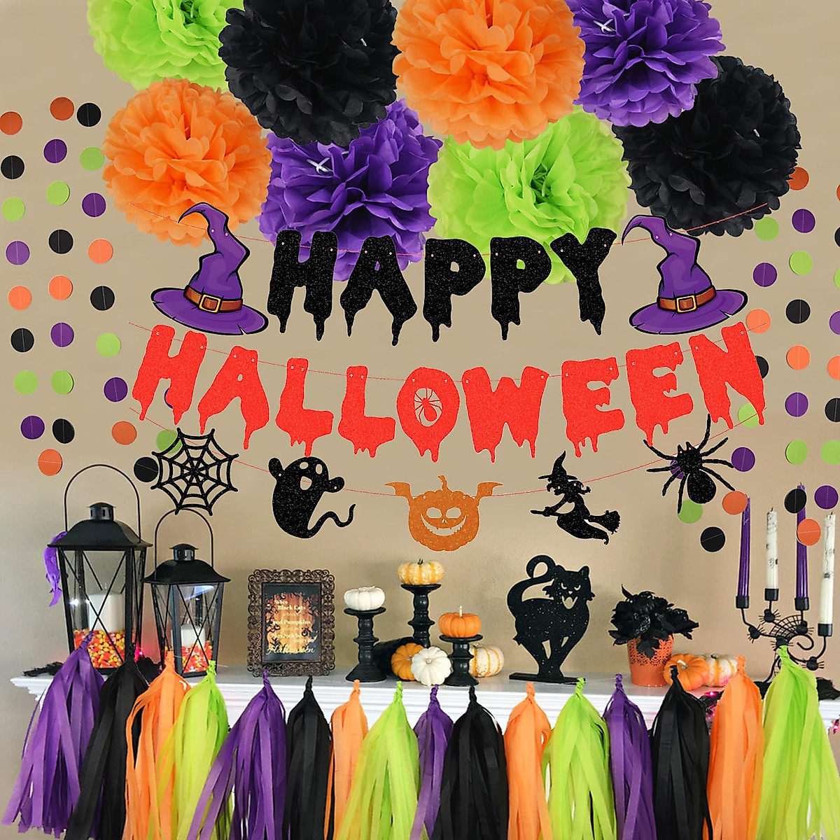 Halloween Party Decorations - Trunk Or Treat Car Decorations Kit for SUV Happy Halooween Banner Orange Black Purple Green Tissue Paper Pom Pom for Hocus Pocus Party Supplies