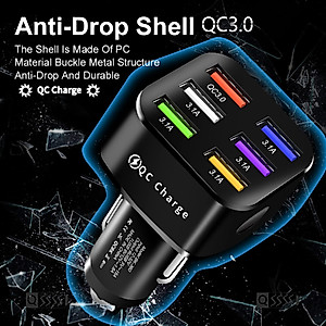 Amiss Car Charger Adapter, 6 USB Multi Port, Fast Charger, Include QC 3.0 and 5 Other Ports, Car Interior Accessories, Fit for iPhone 13/12/11/pro，Samsung Galaxy/Note S10/S9/S8 - Bright Black