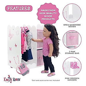 Emily Rose Doll Furniture | USA Business | 18 Inch Doll Clothes Closet Accessory - Wooden Doll Accessories Toy Playsets | 5 Free Wooden 18" Doll Hangers and 2 Large Storage Bins - Butterfly