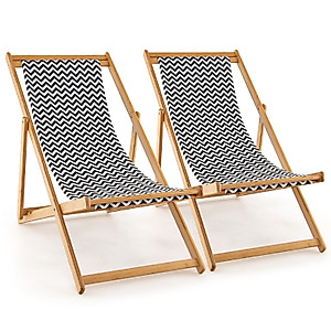 Tangkula Set of 2 Sling Chair Outdoor, Patio Deck Chair with Solid Bamboo Frame & Breathable Canvas Seat, 3 Adjustable Positions, Portable Folding Beach Chair for Porch, Poolside, Balcony, Garden