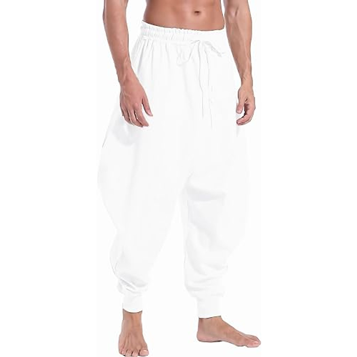 perdontoo Mens Baggy Harem Pants Elastic Waist Hippie Anime Pant Japanese Drop Crotch Trousers (32, White)