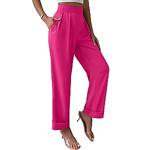 SweatyRocks Women's Elegant High Waist Roll Up Hem Pleated Wide Leg Pants with Pocket Hot Pink M