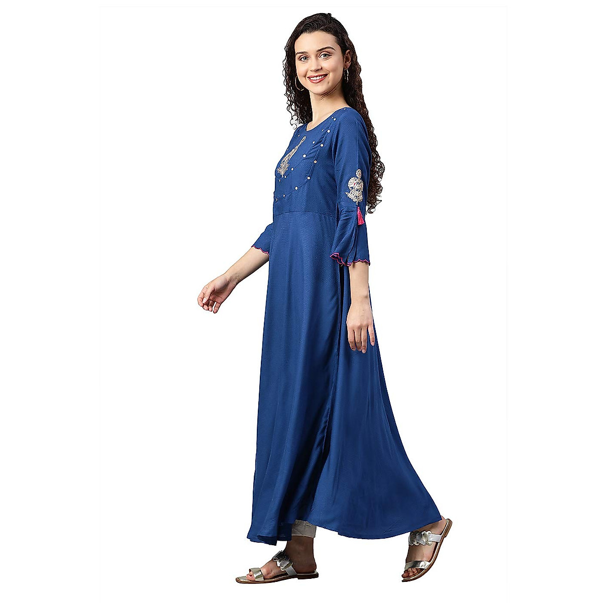 Yash Gallery Indian Rayon Embroidered Regular Kurtis for Women (Blue)