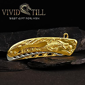Vividstill Pocket Knife for Men, Cool Folding Knife With 3D Golden Dragon Embossed Relief, Great Gift Edc Knife For Men Outdoor Survival Camping…