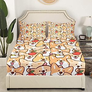 Erosebridal Kawaii Corgi Dog Bed Sheet Cute Puppy Animals Pattern 4 Piece Bed Sheets for Kids Teens Boys Girls, Cartoon Apple Decor Sheet Set Happy Pet Dog Sheets for Dog Lover, Full Size