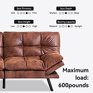 Opoiar Futon Memory Foam Couch Bed with Mattress and Frame Included,Comfortable Faxu Loveseat Sleeper Sofa for Dorm Apartment Office College Small Space Bedroom RV Living Room, Brown Leather
