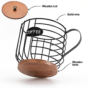 Panalo Rustic Coffee Pod Holder - Large Capacity Black Wire K cup Storage with Wooden Lid - Round Coffee Basket Decor for Kitchen Countertop for Pods & Espresso Capsules (Cup shape)