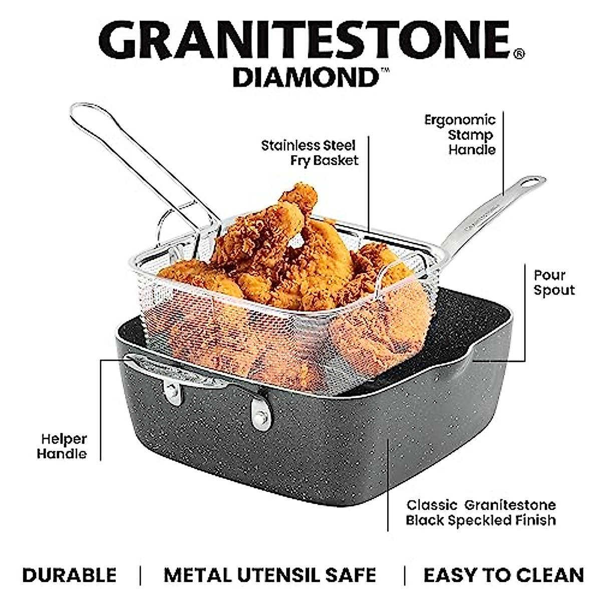 Granitestone 9.5 Inch Deep Frying Pan with Lid, 4 Pc Non Stick Deep Square Frying Pan Set with Steamer & Fry Basket, Large Frying Pan/Saute Pan for Cooking, Dishwasher/Oven Safe, 100% Non Toxic