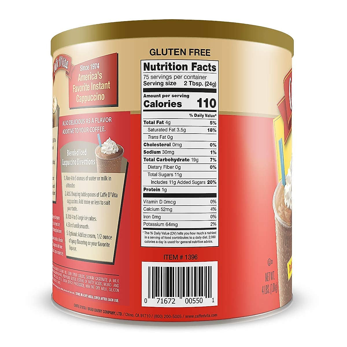 Caffe D'Vita Mocha Cappuccino Mix - Mocha Powder Mix, Instant Cappuccino Mix, Gluten Free, No Cholesterol, No Hydrogenated Oils, No Trans Fat, 99% Caffeine Free, Mocha Mix - 4 LBS