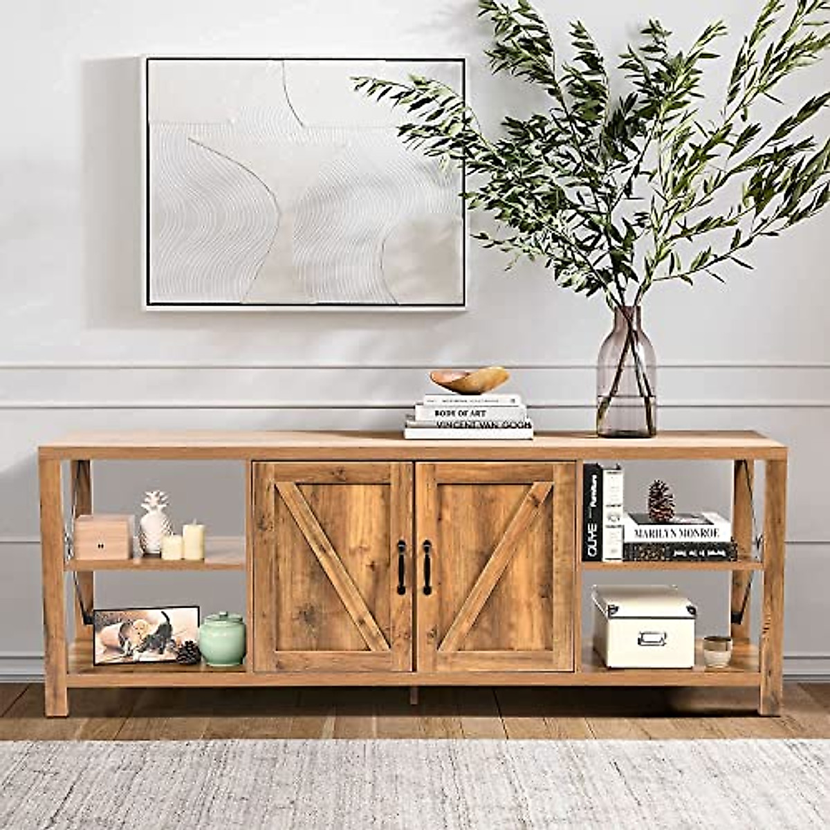 Catrimown 68” Wood TV Stand Farmhouse Entertainment Center with Barn Doors, Rustic Long TV Console Table for 75 Inch TV with Storage Shelves for TVs Up to 78", Rustic Oak