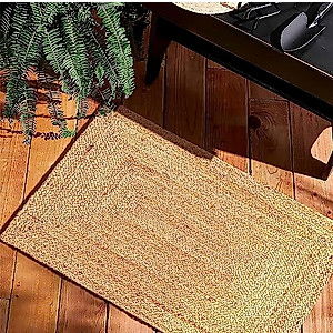 KEMA 2x3 Feet Handwoven Jute Braided Area Rug, Natural Yarn - Rustic Vintage Braided Reversible Rectangular Rug- Eco Friendly Rugs for Bedroom, Kitchen, Living Room, Farmhouse