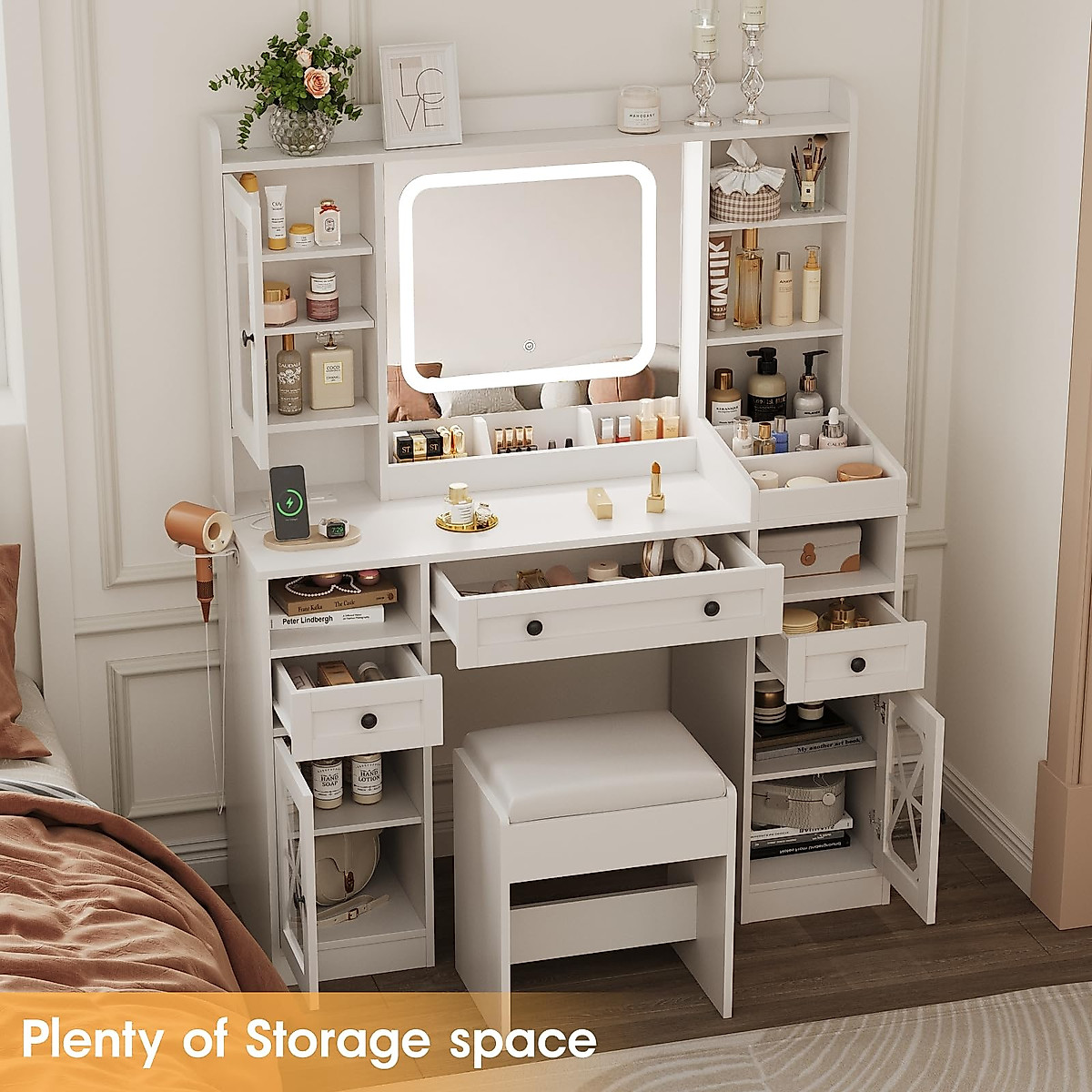 Maupvit Vanity Desk with Mirror and Lights,Makeup Vanity Table with Cushioned Stool and Charging Station,3 Lighting Modes Adjustable Brightness,Drawers,Power Outlet,Shelves,White