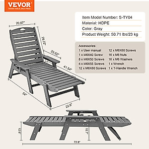 VEVOR Chaise Lounge Chair, 450 lbs Weight Capacity, Adjustable Patio Lounge Chair for Outdoor with 6 Positions Backrest, HDPE Lounge Chair with Cup Holder for Pool Poolside Deck Backyard Lawn, Gray