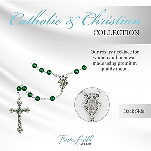 TrueFaithJewelry 6mm Round Crystal Glass Holy Rosary Prayer Beads Necklace with Jesus Crucifix Cross and Our Lady Of Grace Miraculous Virgin Mary, for Women and Men, 17.5-Inch, Green/Silver