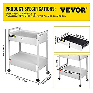VEVOR Lab Cart, 2 Tiers Stainless Steel Utility Cart Medical Cart 2 Drawers Rolling Lab Cart White Paint Serving Cart with 360° Casters for Laboratory Hospital Dental Office Salon Beauty