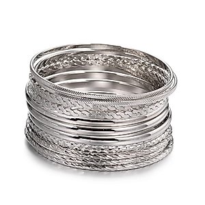 FINZOR 12Pcs Bangle Collection Alloy Metal Textured Color Design Jewelry Large Size Bangle Bracelets Set for Women(Silver)