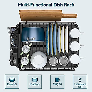 YASONIC Dish Drying Rack with Drainboard - Small Stainless Steel Dish Drainer with Swivel Spout - Dish Racks for Kitchen Counter- Rustproof Dish Rack with Removable Utensil Holder - Black
