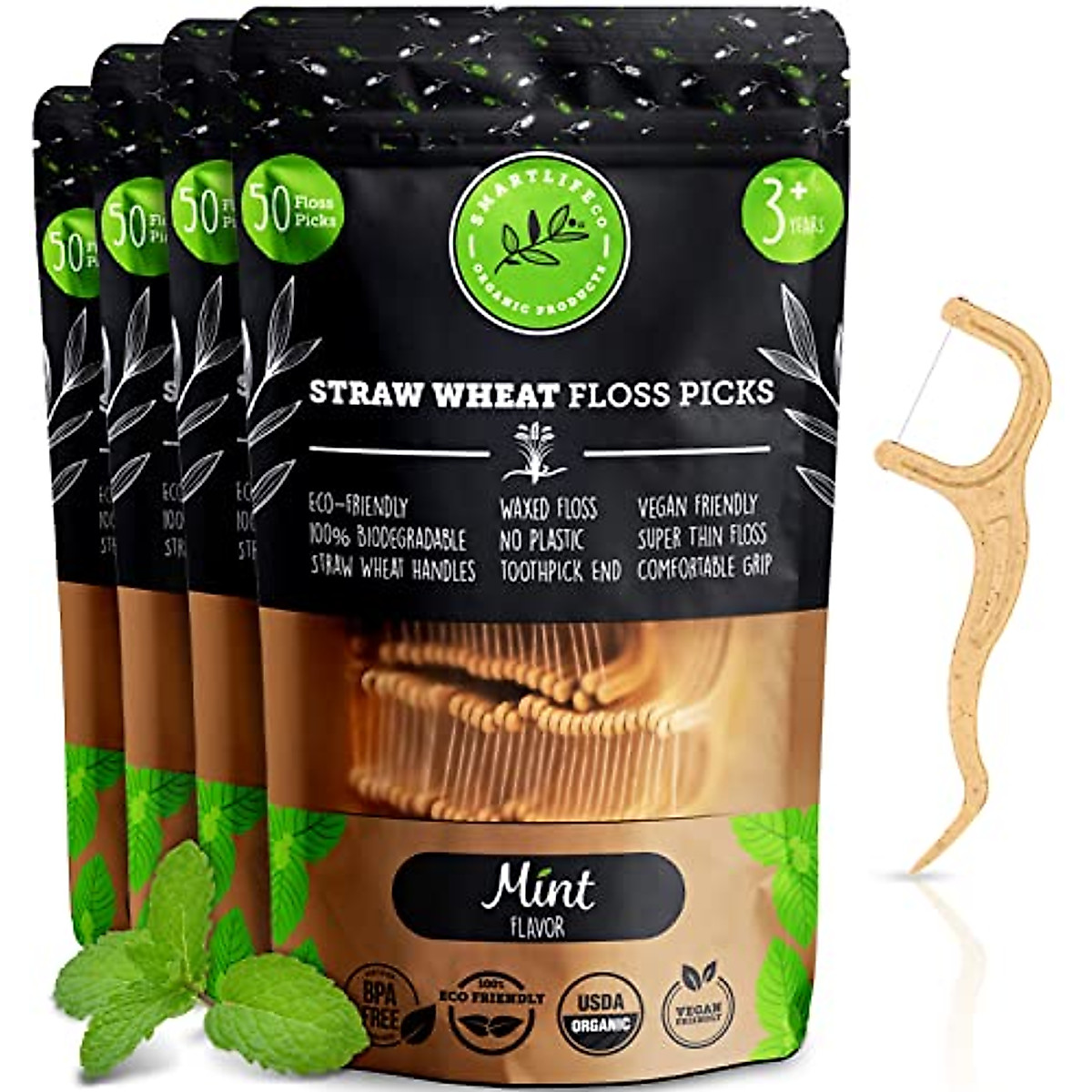 Biodegradable Dental Floss Picks - Natural Plastic Free Handle | Thin Thread Tooth Flossers for Adults & Kids | Toothpick Stick Soft on Gum & Teeth | Eco Friendly Zero Waste Vegan Organic (200, Mint)