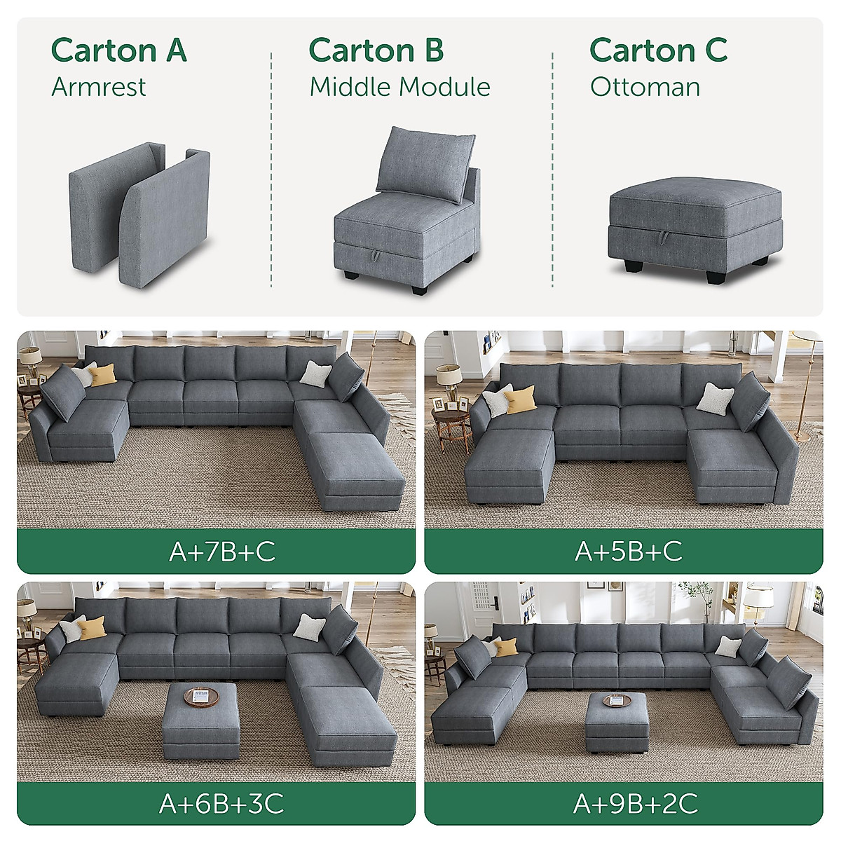 HONBAY Modular Sectional Sleeper Sofa with Storage Reversible Modular Sofa Couch Oversized Sleeper Sectional Sofa Modular Couch Bluish Grey