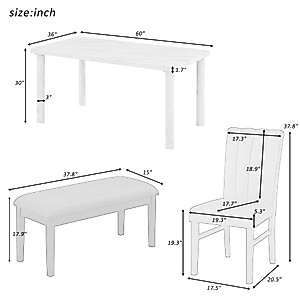 RITSU 6 Piece Rectangular 60" Table Set with Marble Veneer for 6 People, KitchenTableSeat with 4 Dining Chairs and 1 Benches for Living, Guest Room, Home Bar and Kitchen, White + Blue