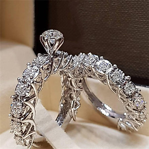 2Pcs Women White Stone Ring Set 2 in 1 Inlaid Zircon Engagement Bridal Wedding Band Exquisite Party Jewelry (A, 9)