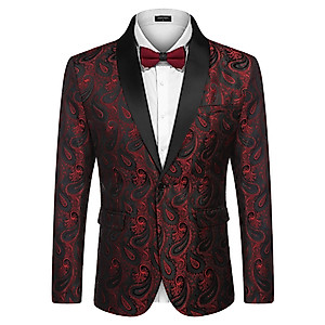 COOFANDY Mens Floral Tuxedo Jacket Paisley Shawl Lapel Suit Blazer Jacket for Dinner,Prom,Wedding Wine Red