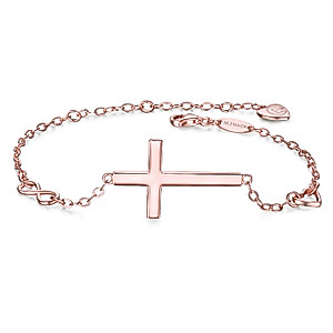 BlingGem Cross Bracelet for Women Rose Gold Plated 925 Sterling Silver Dainty Religious Christian Bracelet Faith God Blessed Confirmation Gifts