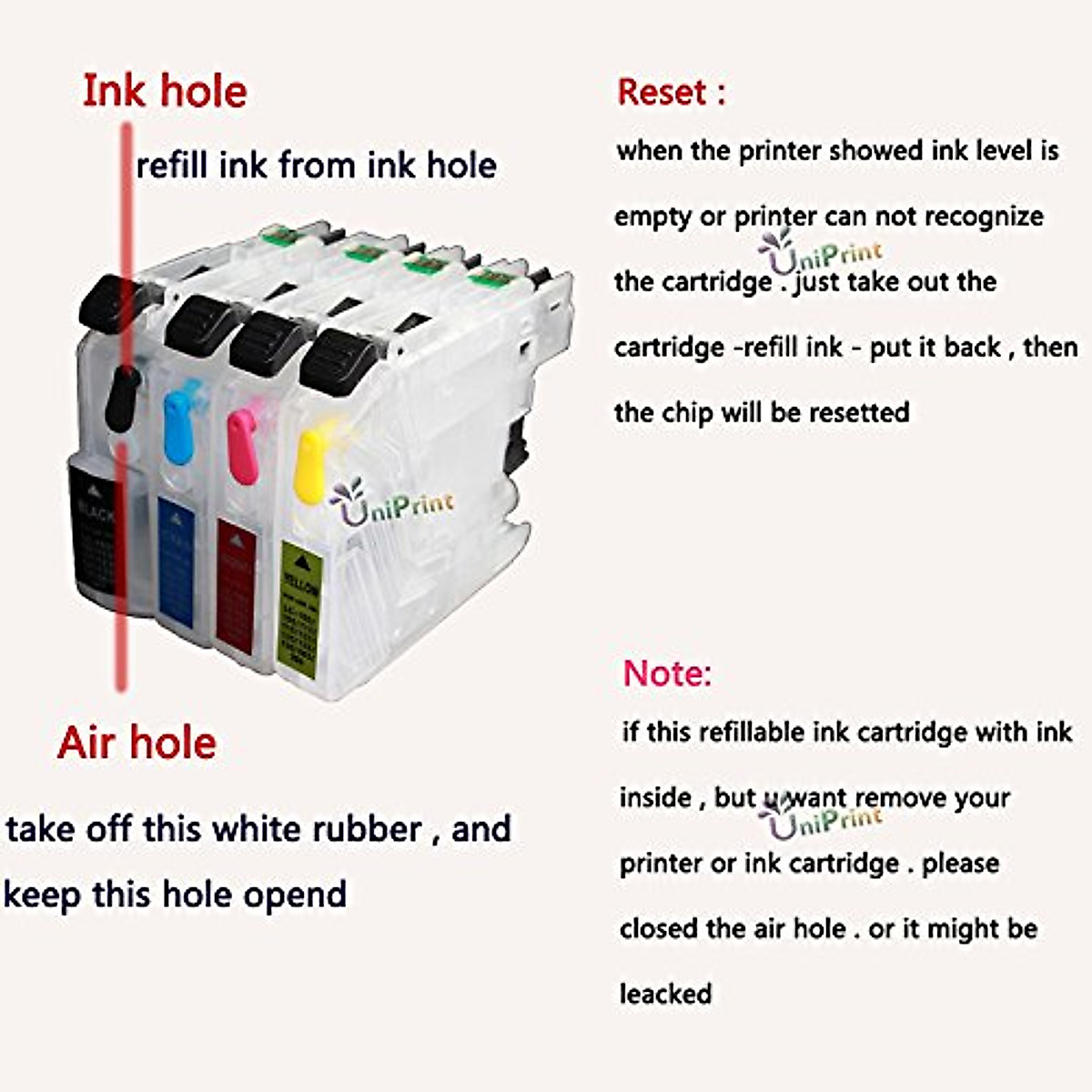 UniPrint 4pcs Empty refillable Ink Cartridge Compatible for Brother MFC-J4320DW J4420DW J4620DW J5520DW J5620DW J5720DW Printer with auto Rest Chips