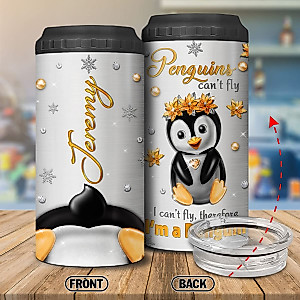 KOIXA Personalized Can Cooler Penguin Tumbler Stainless Steel Insulated Coozie 4-in-1 Beverage Can Holder Travel Cup Cute Animal Flower Christmas Birthday Gifts For Teens Girls
