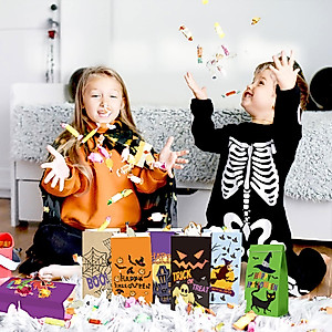 WOONOO 50PCS Halloween Treat Bags Candy Bags for Halloween Party, 10 Styles Paper Halloween Goodie Bags for Party Favors with 50PCS Stickers, Halloween Kids Trick or Treat Gift Bags Party Supplies