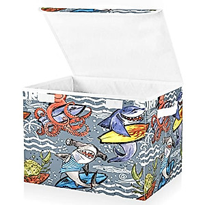 KEEPREAL Cute Cartoon Sea Fish Storage Basket Bin with lid, Large Cube Storage Box Collapsible Storage Organizer for Home Office Closet - 16.5 L x 12.6 W x 11.8 H