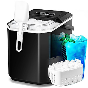 Ice Makers Countertop, 9 Cubes Ready in 6 Mins, Self-Cleaning Ice Machine with Detachable Double Handle and Anti-Hollowing Basket, 2 Size of Bullet Ice for Home Kitchen Office Bar Party, Black