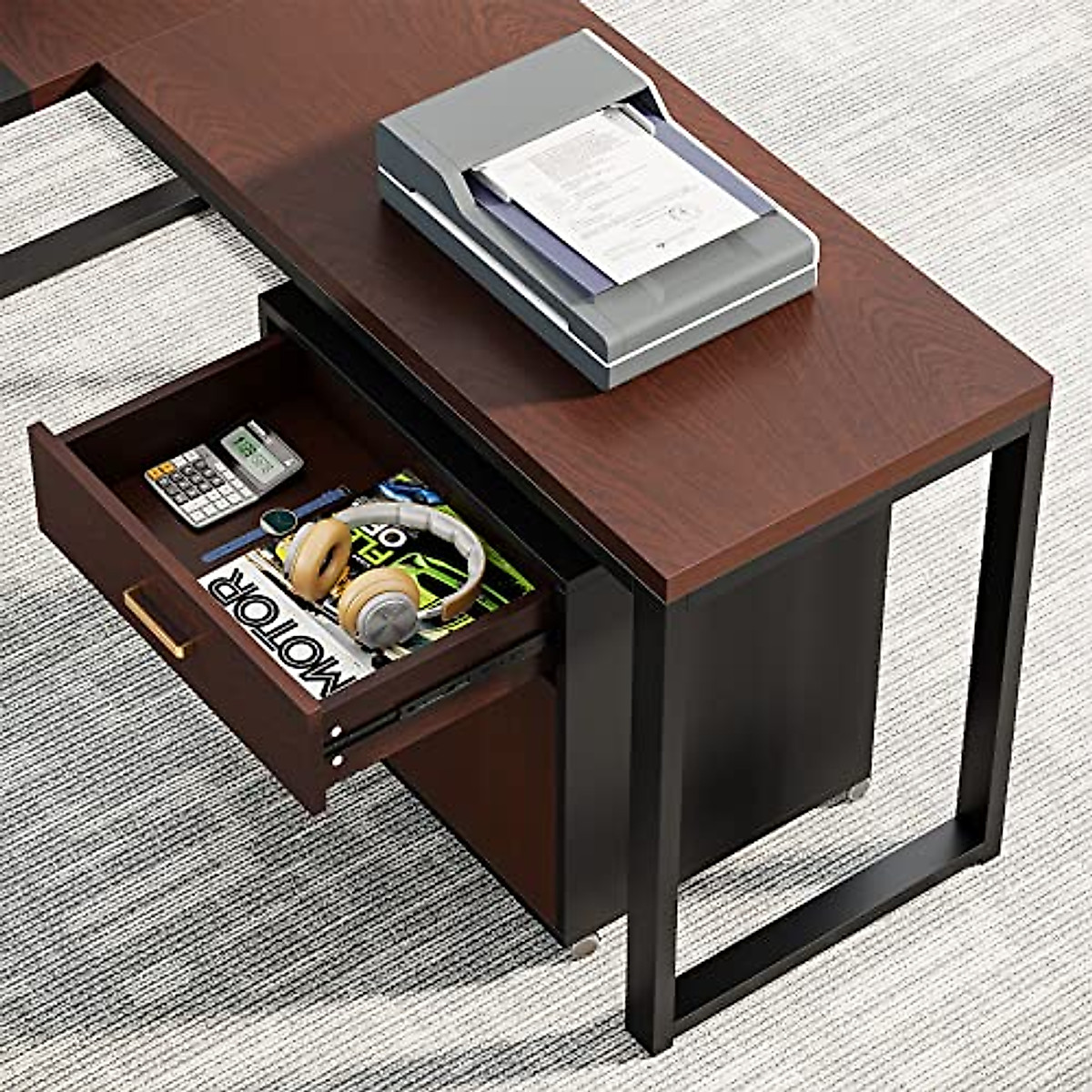 Tribesigns 70 Inches Executive Desk with File Cabinet, Large L Shaped Desk with Storage Cabinet, L Shaped Computer Desk with Drawer Cabinet, Dark Walnut