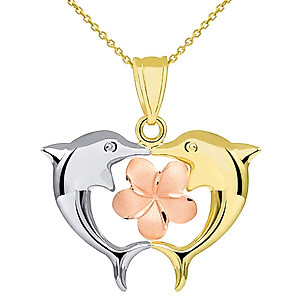 Jewelry America 14k Tri Color Gold High Polish Kissing Dolphins with Hawaiian Plumeria Flower Pendant Necklace, 20"
