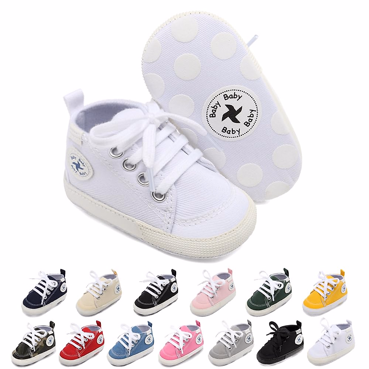 Baby Girls Boys Shoes Soft Anti-Slip Sole Newborn First Walkers Star High Top Canvas Denim Unisex Infant Sneaker (A01-White, 6-12 Months)
