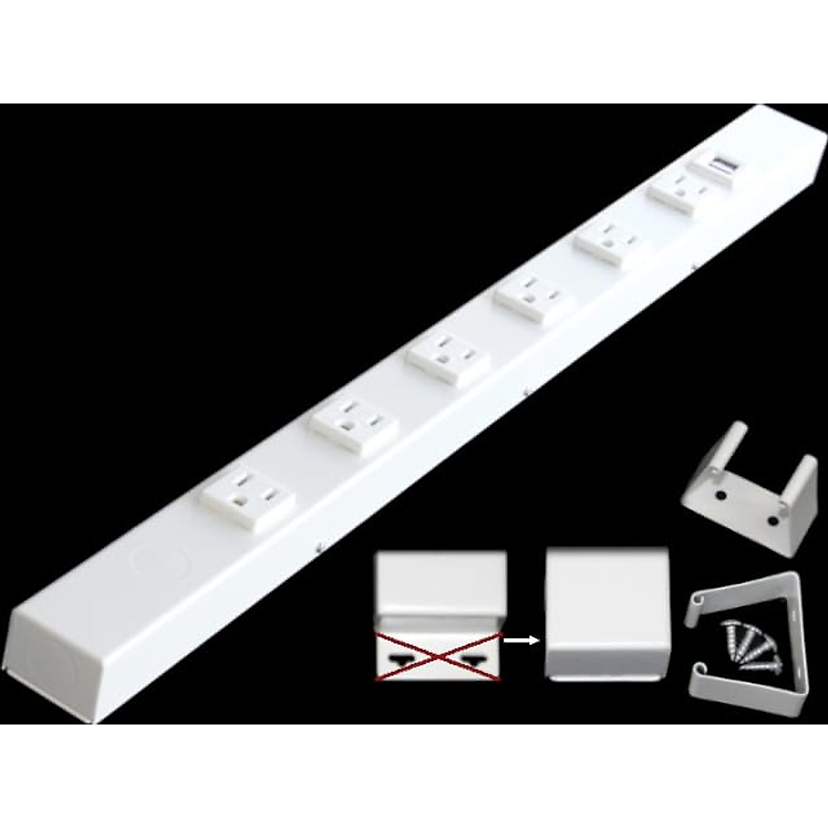 24” Hardwired Power Strip, 6 Vertical Outlets (NOT Tamper Resistant), NO Ears (Without mounting tabs), 15A (NOT a 20 Amp Unit), with USB, White