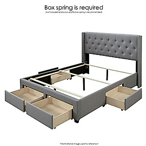 DG Casa Bardy Upholstered Panel Bed Frame with Storage Drawers and Diamond Button Tufted Nailhead Trim Wingback Headboard, King Size in Beige Fabric…