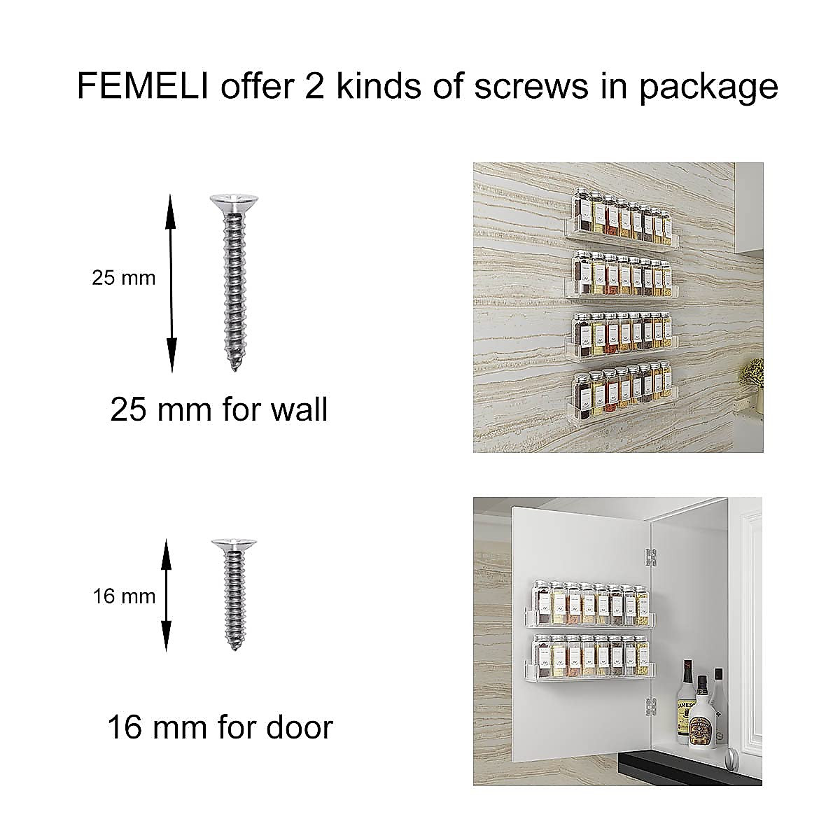 FEMELI Acrylic Spice Rack Wall Mount for Cabinets,Cupboard Or Pantry Door,4 Packs Of Hanging Spice Rack Shelf,Seasoning Organizer for Kitchen