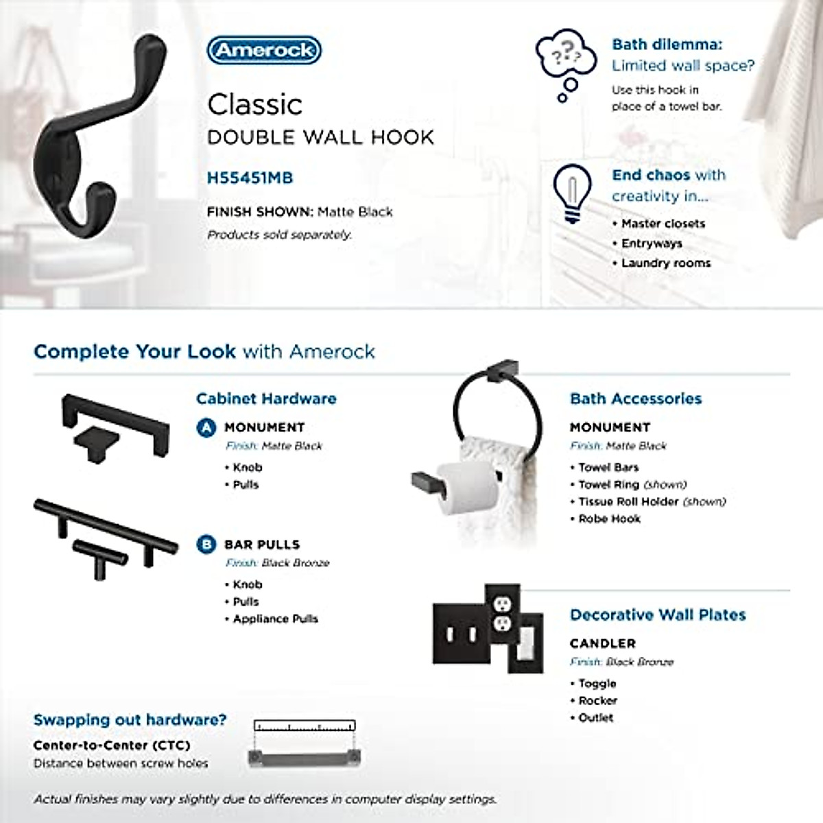 Amerock H55451MB | Noble Double Prong Decorative Wall Hook | Matte Black Hook for Coats, Hats, Backpacks, Bags | Hooks for Bathroom, Bedroom, Closet, Entryway, Laundry Room, Office