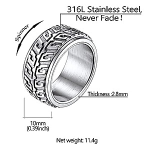 10mm Mens Mechanic Car Racer Tire Tread Band Ring for Men for Bikers Stainless Steel Fidget Spinner Rings