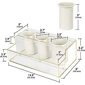 J JACKCUBE DESIGN Hair Dryer Holder Organizer Hair Tool Styling Storage Countertop Gold Clear Acrylic Bath Supplies Blow Dryer Flat Iron Tray Stand, Bathroom Vanity Caddy with 3 Cups- MK1026A