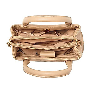 bebe Womens Gio Quilted Faux Leather Satchel Handbag Beige Small