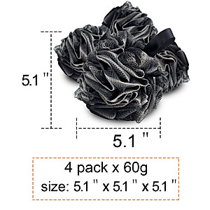 4 Packs Bath Loofahs-Eco-Friendly Carbonized Bamboo Bath Shower Sponge Mesh Pouf Loofahs Shower Ball Loofahs Bath Sponge-Exfoliate,Cleanse,Soothe Skin(60g/pcs)