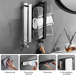 BestYiJo Tower Rack Self Adhesive Tower Bar, Thicken Stainless Steel Tower Holder for Bathroom Wall Mounted, Bathroom Towel Storage, Bathroom Accessories Tower Hanger with Hook (Silver)