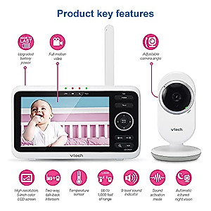 VTech VM350 Video Monitor with Battery Supports 12-hr Video-Mode, 21-hr Audio-Mode, 5" Screen, 1000ft Long Range, Bright Night Vision, 2-Way Talk, Auto-on Screen, Lullabies