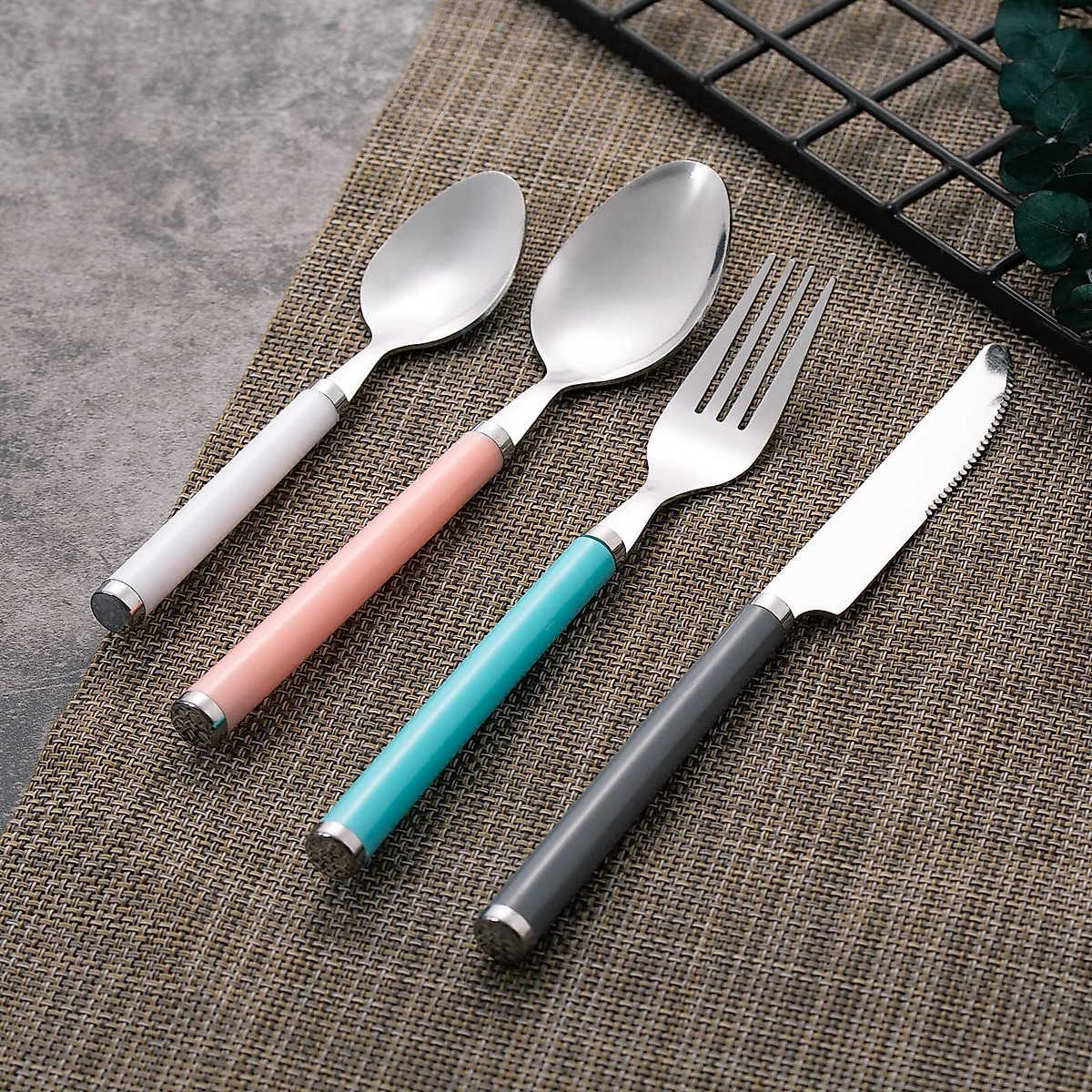 Cutiset 24 Pieces Stainless Steel Kitchen Flatware Set with Organizer, Camping Silverware Set with Colored handles,Set of 6